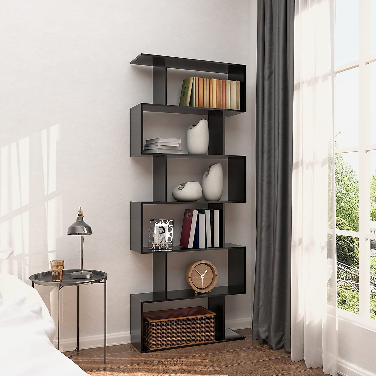Yusong Bookshelf 6-Tier, Geometric Bookcase S Shaped Book Shelves and 3 Tier End Table, Tall Side Table with Storage Cabinets,Black