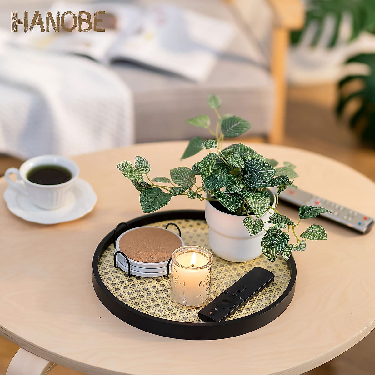 Hanobe Round Decorative Coffee Tray: Coffee Table Trays Decor Circle Rattan Tray with Black Wooden Frame for Storage & Display Serving Tray for Counter Living Room Dresser Makeups