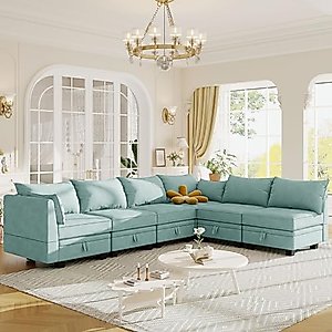 WILLIAMSPACE 115" Sectional Sofa Couch with Storage for Living Room, Modern Corner L-Shaped Sofa 6 Seater Couch, Modular Convertible Sofa Bed with Reversible Chaise for Home Office (Light Green)