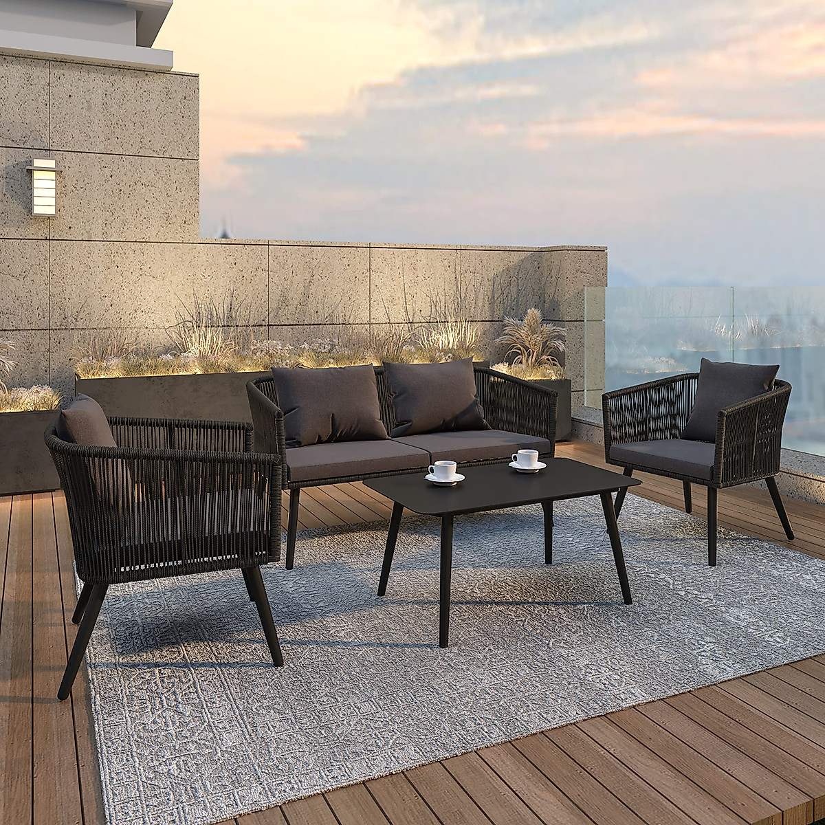 Flash Furniture Kierra 4 Piece Indoor/Outdoor Seating Set - Black Woven Back & Seat - Gray Zippered Removable Cushions - Aluminum Frames - Black Metal Plank Top Table