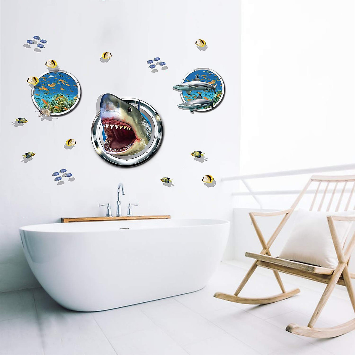 ufengke 3D Shark Broken Wall Stickers Tropical Fish DIY Wall Decals Art Decor for Bedroom Playroom