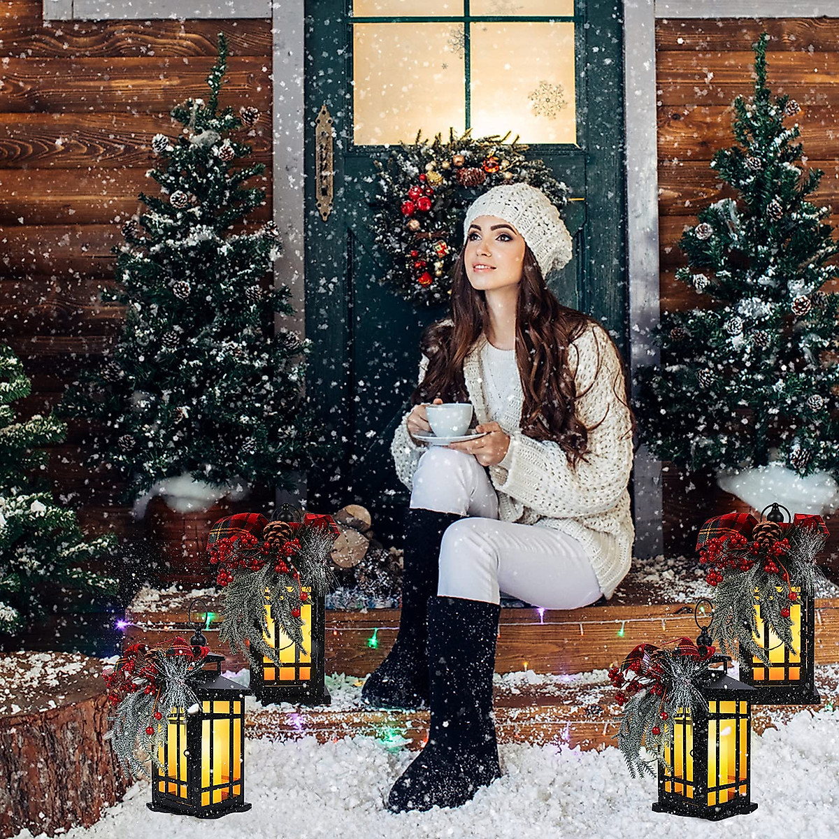 Christmas Candle Lantern14 Inch, Garden Flashing Candle Light, Decorative Hanging Lantern for Indoor Home Tables and Fireplaces Outdoor Patios, with Holiday Retro Decorative Ornaments