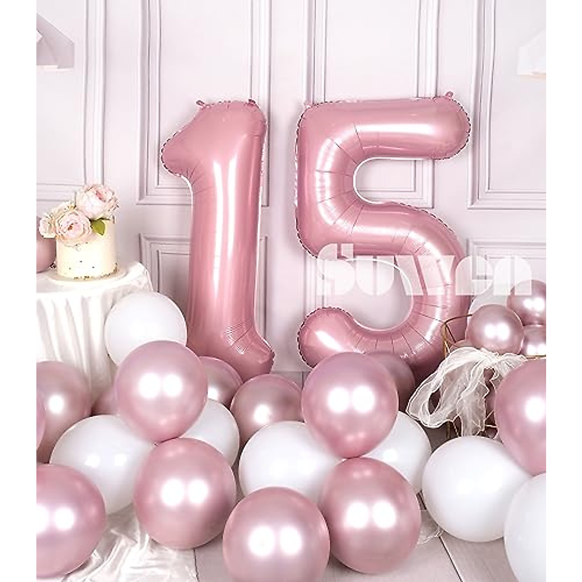 SUWEN 40 Inch Pink Large 15 Number Balloons Big Foil Helium Number Balloons 0-9 Jumbo Happy 15th Mylar Birthday Party Decorations for Girl or Women 51 Anniversary Party Supplies