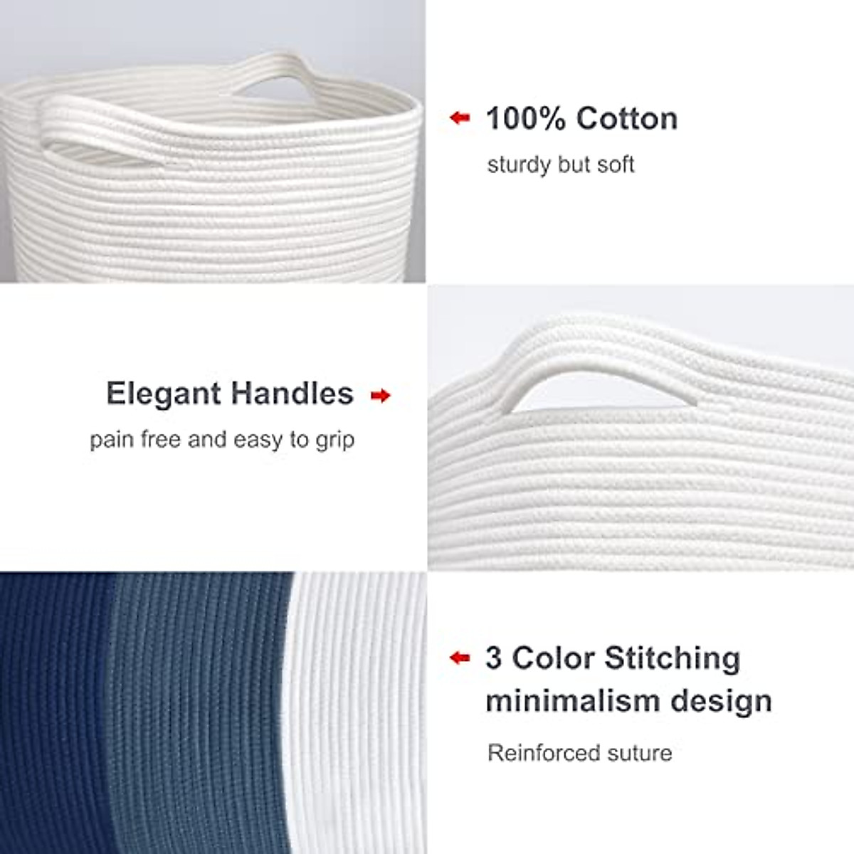 BOSROTY Extra Large Blanket Basket, Tall Laundry Basket, Laundry Hamper, Large Storage Basket, 15.7”x 21.7”,Cotton Rope Basket, Woven Basket, Toy Basket, Clothes Baskets, White&Cadet Blue&Navy Blue