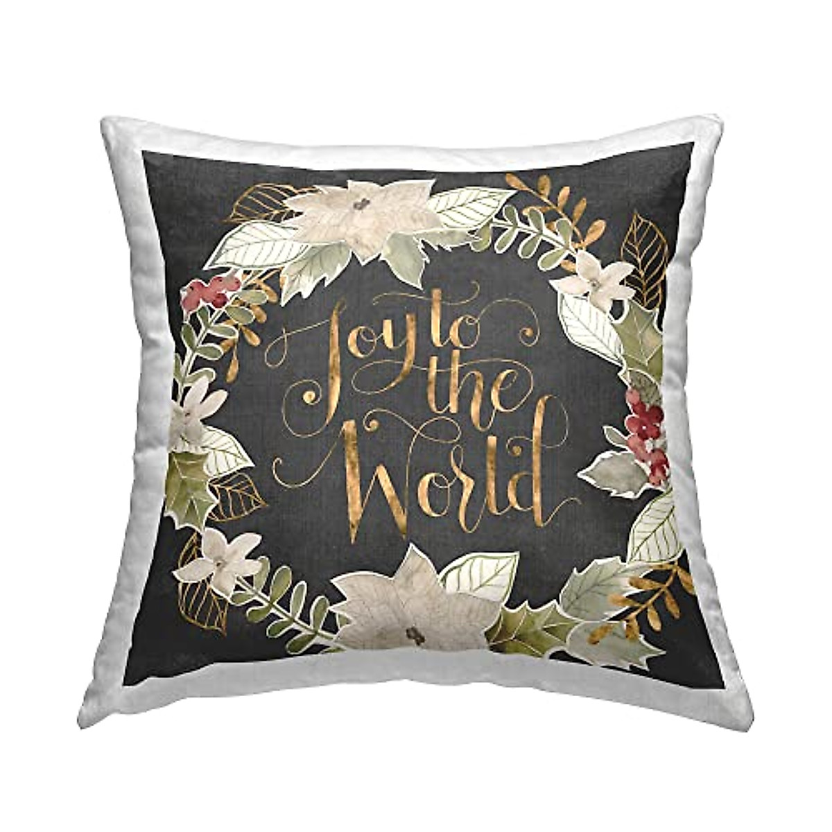 Stupell Industries Joy to The World Chic Christmas Holly Wreath Design by Grace Popp Throw Pillow, 18 x 18, Grey