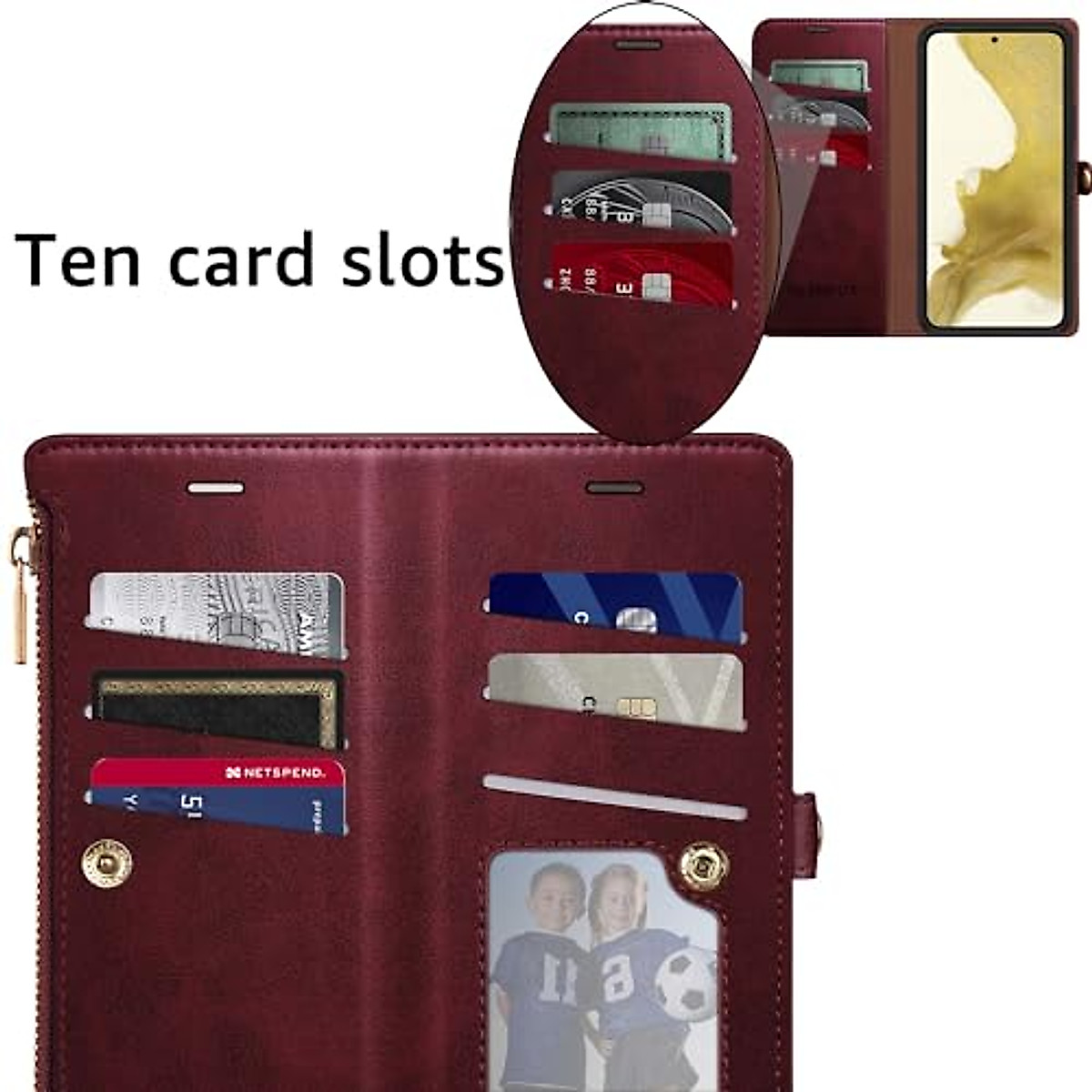 SUANPOT for iPhone 14 Pro 6.1 inch Wallet case 【RFID Blocking】【9 Card Slot】【Pocket】,Credit Card Holder Flip Folio Book Zipper PU Leather Protective Cover Women Men for Apple 14 Pro Phone case Wine Red
