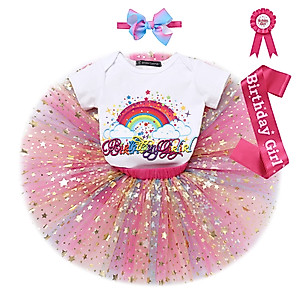 Rainbow Unicorn 1st 2nd 3rd Birthday Girl Outfit Baby Romper Tutu Skirt Headband Sash Badge 5PCS Princess Bowknot Tutu Dress up Clothes Set for Cake Smash Photo Shoot Hot Pink - Rainbow 3 Years