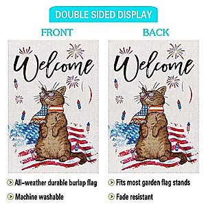 ricluck 4th of July Garden Flag Vertical Double Sided Independence Day Patriotic USA Flag Cat Burlap Welcome Memorial Day Summer Blue Red White Garden Size: 12 x 18inch HEMFLAG0039 0