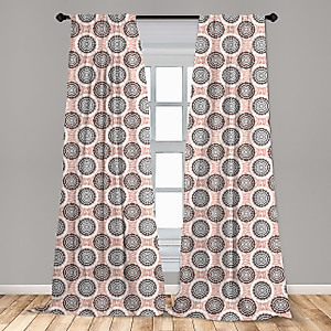 Ambesonne Peach Curtains, Symmetrical Circular Shapes Pattern Abstract Background Soft Color Image Print, Window Treatments 2 Panel Set for Living Room Bedroom, Pair of - 28" x 63", White Black