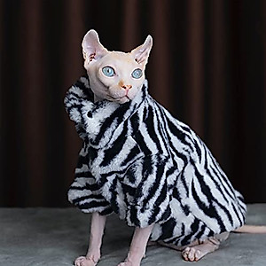 Sphynx Hairless Cat Clothes Winter Thick Warm Zebra Pattern High Collar Coat for Cats Soft Faux Fur Pet Clothes with Sleeves (Zebra, XL（8.8-11lbs）)