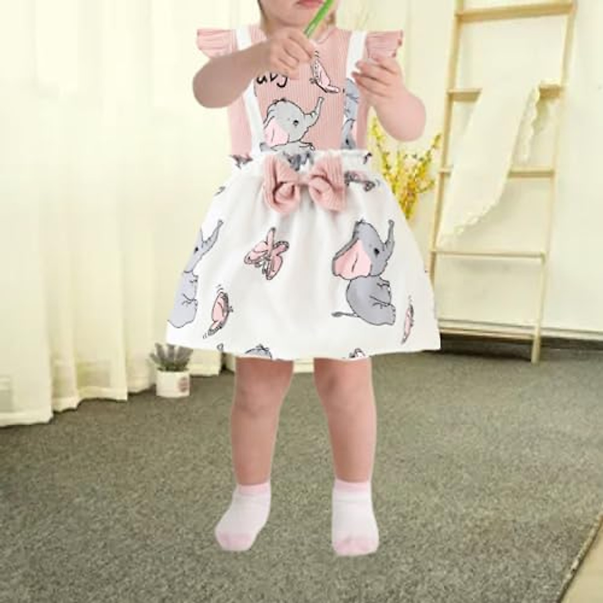 Maemukilabe Infant Newborn Girl Elephant Outfits Headband Ruffle Romper Suspender Skirt Sets Baby Girls ' Clothing Sets (Pink, 0-3 Months)