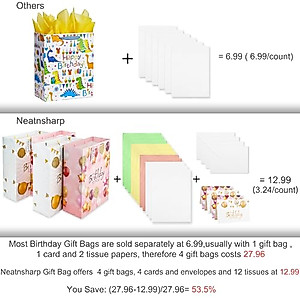 Neatnsharp 17" Large Birthday Gift Bag with Tissue Paper; Gift Bags for Presents - 4 Pack Large Birthday Gift Bags with Handles - (4 Gift Bags, 12 Tissue Paper, 4 Birthday Cards and 4 Envelopes)