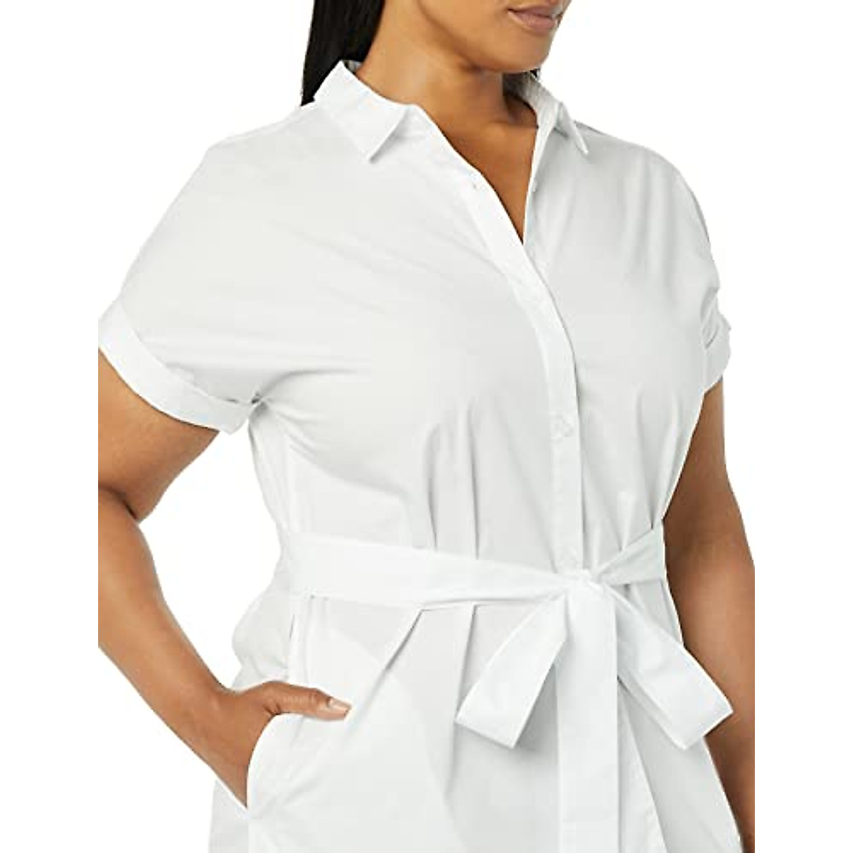 Amazon Essentials Women's Relaxed Fit Short Sleeve Button Front Belted Shirt Dress, White, Large