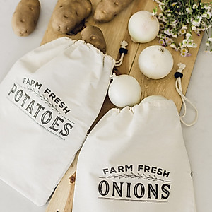 Resilient Roots Potato Storage for Pantry I Potato and Onion Storage Bags with Side Zipper I Set of 2 - 16” x 12” - Cotton Farmhouse Kitchen Onion Bag with Blackout Liner