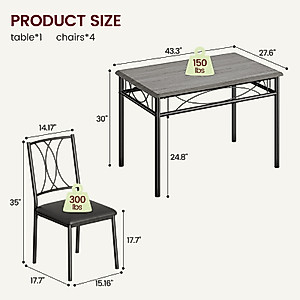 IDEALHOUSE Dining Table Set for 4, Kitchen Table and Chairs for 4, Rectangular Dining Room Table Set with 4 Upholstered Chairs, 5 Piece Dining Table Set for Small Space, Apartment, Rustic Gray