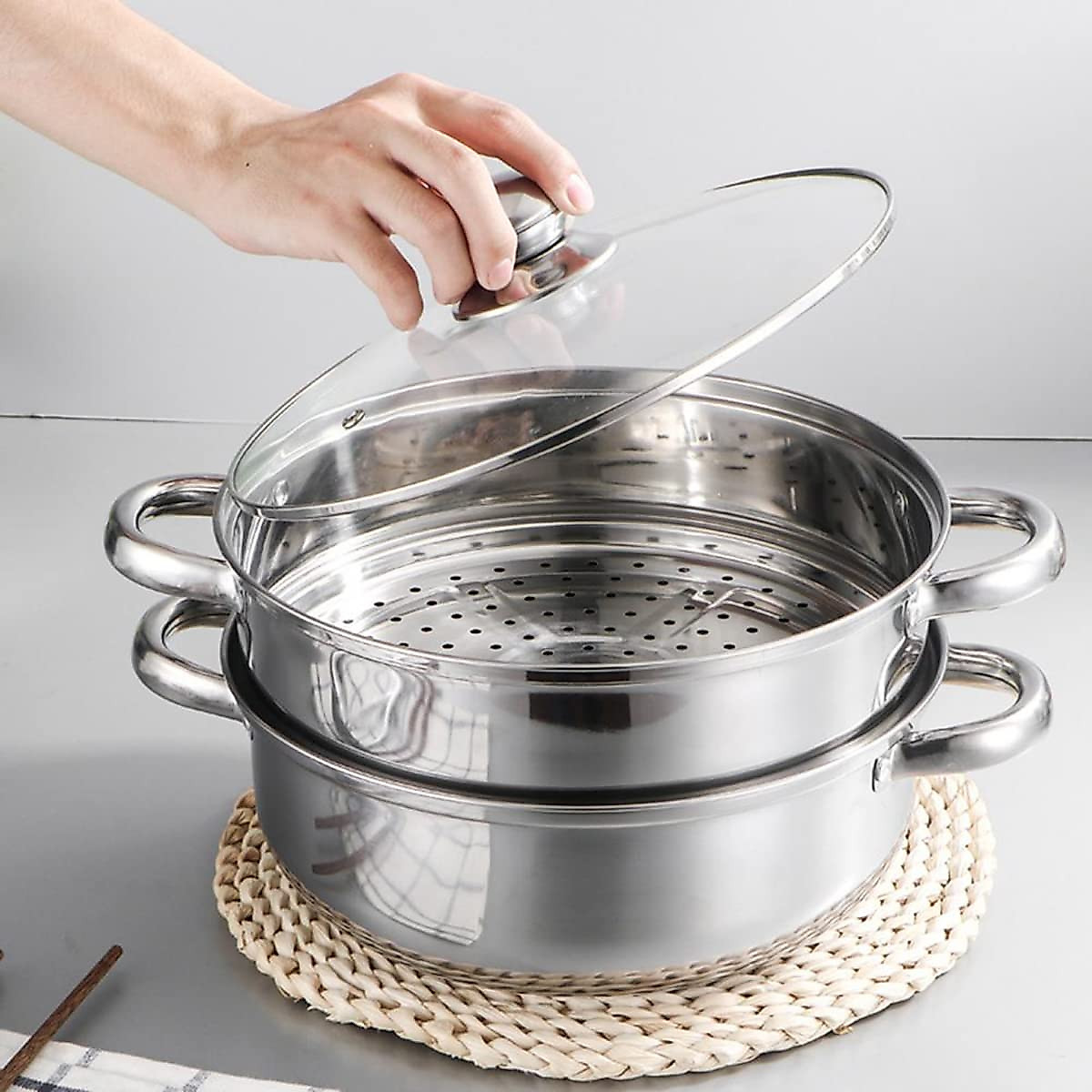 Steamer Pot for Cooking 11 inch Steamer Pot, 3-tier Multipurpose 18/8 Stainless Steel Steam Pot Cookware with Lid for Vegetable, Dumpling, Stock, Sauce, Food