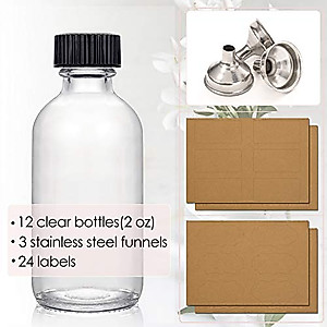 12 Pack, 2 oz Small Clear Glass Bottles with Lids & 3 Stainless Steel Funnels - 60ml Boston Round Sample Bottles for Potion, Juice, Ginger Shots, Oils, Whiskey, Liquids - Mini Travel Bottles, NO Leakage