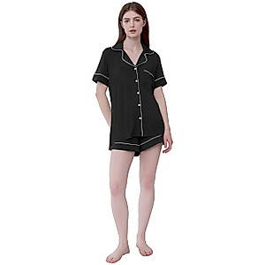 Ladies Button Down Pj Sets Jersey Knit Pajama Short Sleeve Loungewear lightweight/Lightweight(Black,Small)
