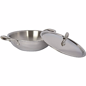 Tabakh Food Grade 4.5 Liter Induction Friendly Triply (TRI PLY) 18/8 Stainless Steel Kadai w/Stainless Steel Lid (30cm, 4.5 Litre)