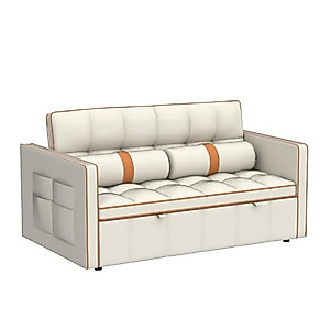 3 in 1 Sleeper Sofa Couch Bed, Small Tufted Velvet Convertible Loveseat Futon Sofa w/Pullout Bed, Adjustable Backrest, Cylinder Pillows for Living Room Apartment, Easy to Assemble, Beige, 55.5"