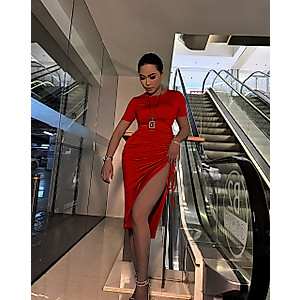 GOKATOSAU Women's Sexy Bodycon Short Sleeve Slit Ruched Summer Club Party Midi Dress Red