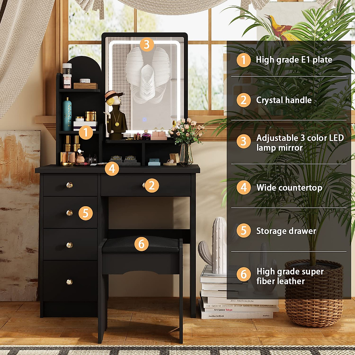 AGOTENI Black Vanity Set with Mirror, Makeup Vanity Dressing Table with Lighted Mirror, 5 Drawers, Shelves, Dresser Desk and Cushioned Stool Set