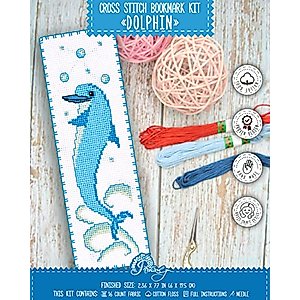 Dolphin Counted Cross Stitch Bookmark Kit for Adults - DIY Embroidery Book Marker Set with Paper Pattern, 16 Count Aida Canvas and Pre-Sorted Floss