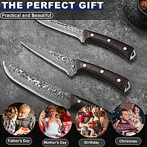 PURPLEBIRD Boning Knife for Meat Cutting Set, 3pcs Razor Sharp Butcher Knife Set, Japanese Steel Fillet Knife Full Tang, Wood Handle Trimming knife, Deboning Knife for Fish Poultry Chicken, Gift Mom