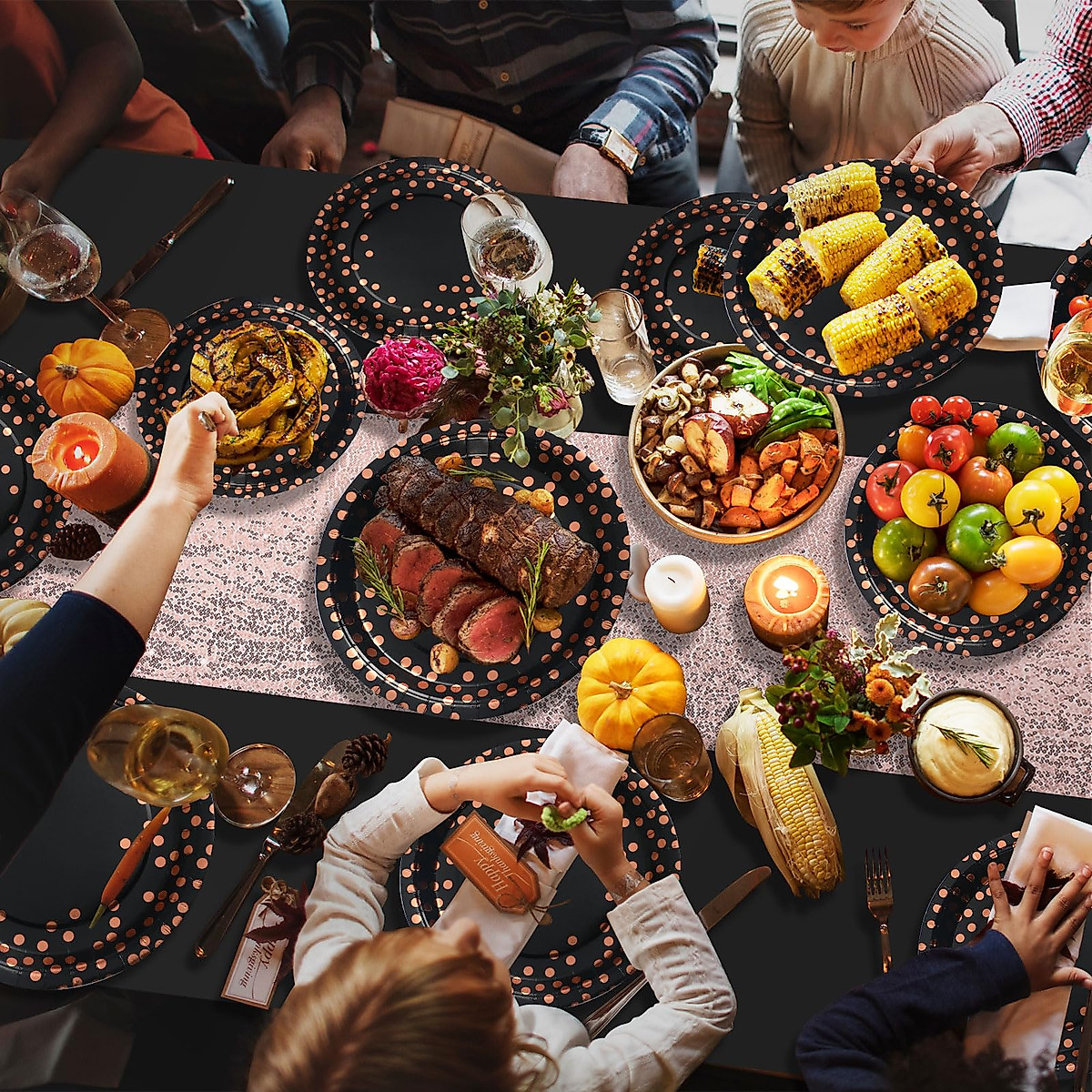 Capoda Black and Rose Gold Party Supplies Serve 24 Guest Rose Gold Dot on Black Paper Plate Napkin Cup Disposable Tablecloth Sequin Table Runner Cutlery for Wedding Bridal Shower Birthday Decorations