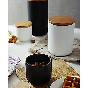 Pure Color Ceramic Sugar Bowl with Wooden Lid Sugar Dispenser Salt Pepper Storage Jar Pot Sugar Container Seasoning Pot Box Condiment Spice Racks Holder for Home Kitchen Black