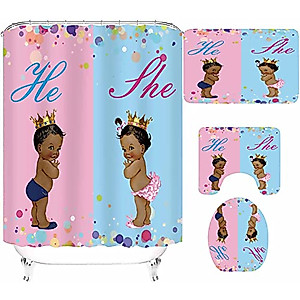 NTETSN 4 PCS African American Kids Shower Curtain Set 4 Pieces Children Baby Bathing Shower Curtains with Bath Rugs Non-Slip Soft Toilet Lid Cover for Bathroom Decor SETYYNT5