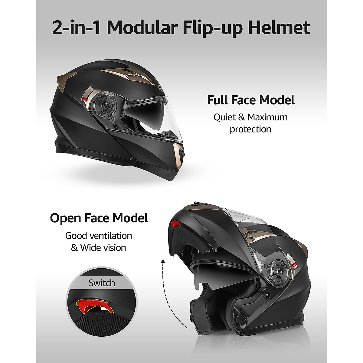 Motorcycle Modular Full Face Helmet DOT Approved - YEMA Helmet YM-925 Motorbike Casco Moto Moped Street Bike Racing Helmet with Sun Visor for Adult Youth Men and Women - Matte Black,M