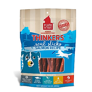 Plato Pet Treats Air Dried Dog Treats Salmon Thinkers Sticks, Natural Dog Treats, Real Meat, Air Dried, Made in the USA, 10oz