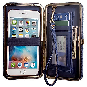 CellularOutfitter Womens Leather Wallet Vegan Leather Bow Clutch Design with Credit Card, Cash and Smartphone Pockets [Bow Clutch - Navy]