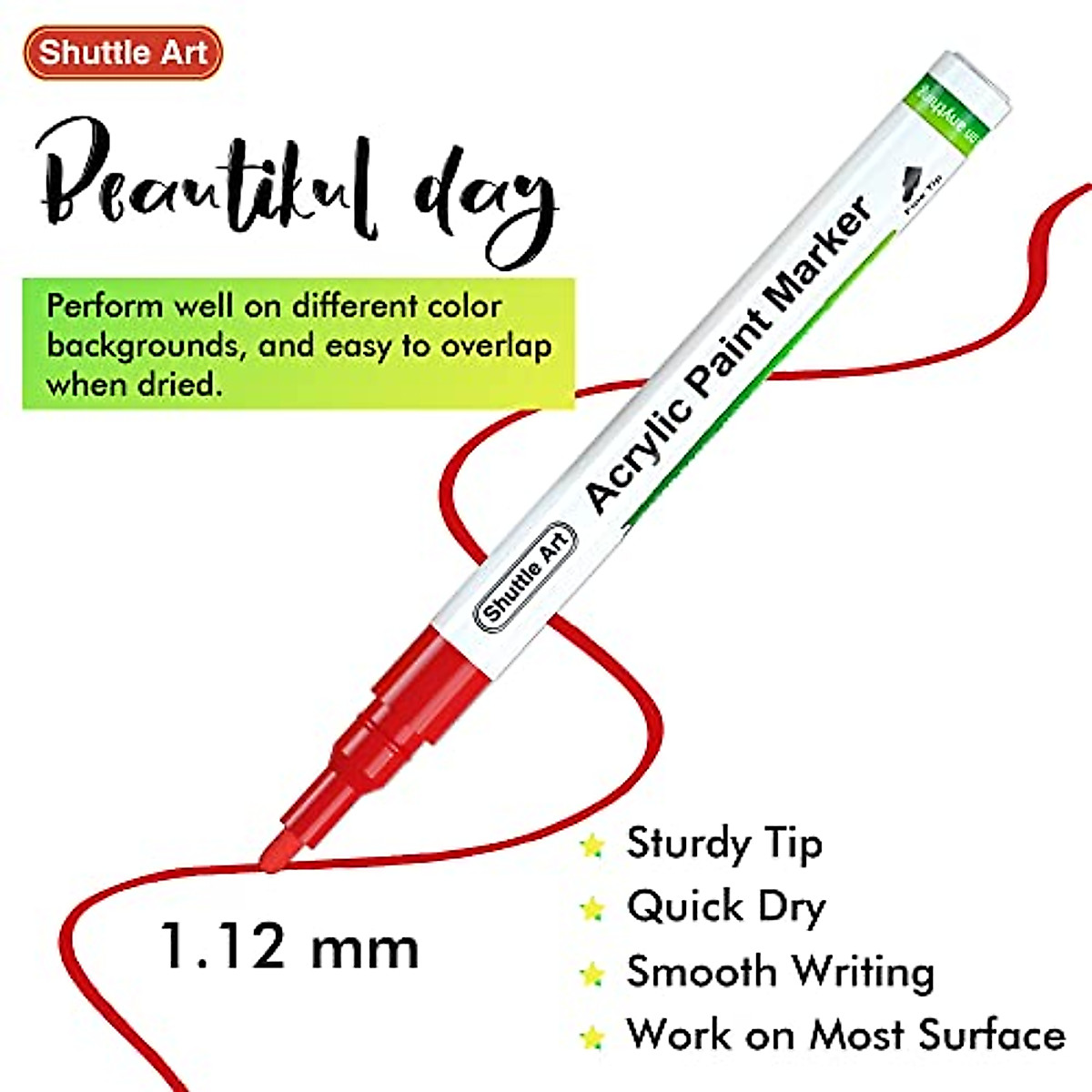 Shuttle Art Paint Pens, 42 Colors Acrylic Paint Markers, Low-Odor Water-Based Quick Dry Paint Markers for Rock, Wood, Metal, Plastic, Glass, Canvas, Ceramic