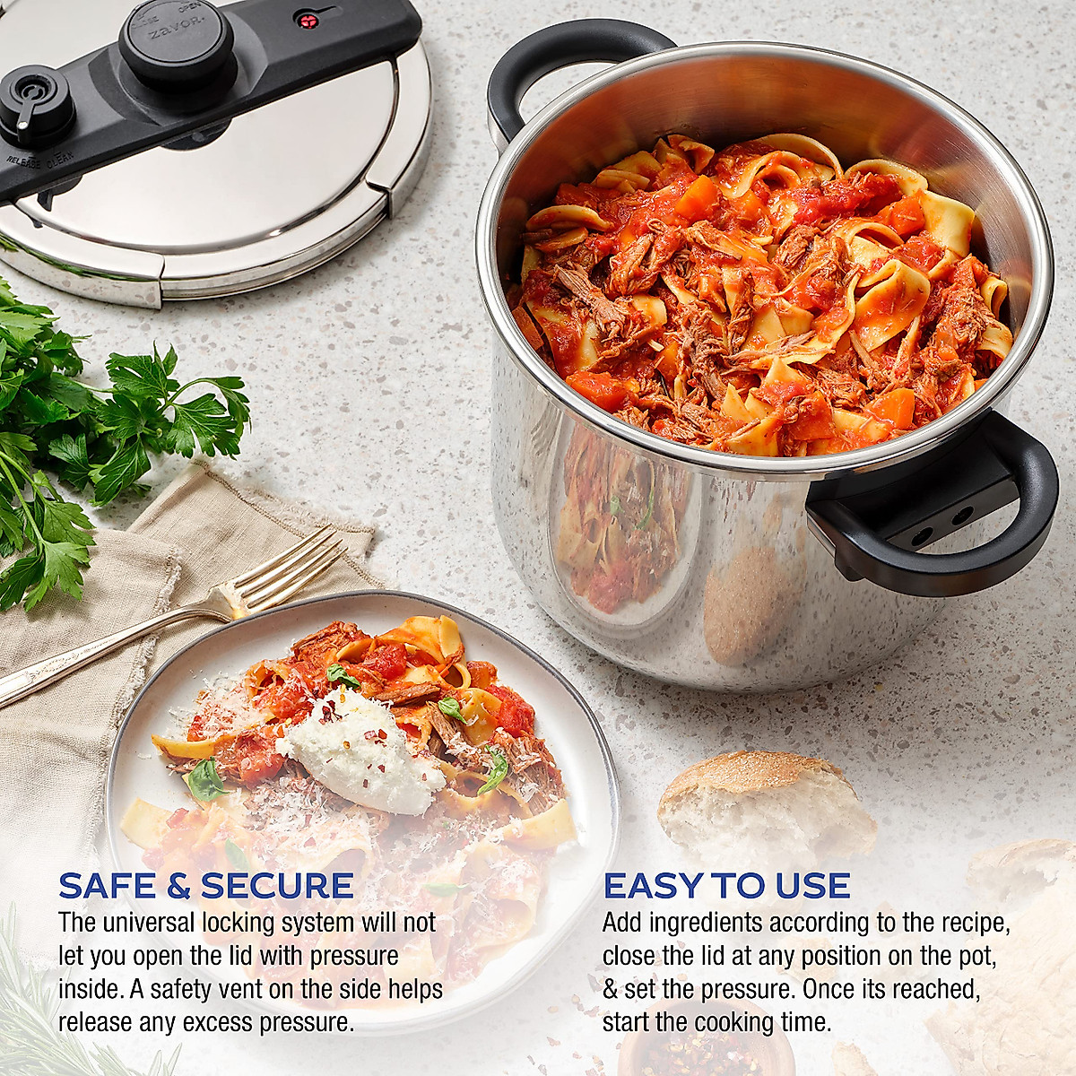 Zavor EZLock Stove Top Pressure Cooker 10 Quart - Canning Ready, Stainless Steel, Multi Pressure Levels, Easy Locking, Induction Ready, 4 Jar Canning Capacity, Digital Cookbook & Steamer Basket