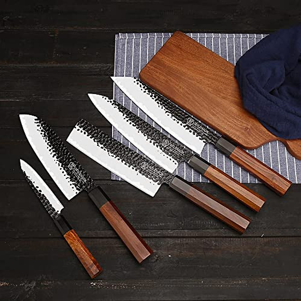 WILDMOK Kitchen Knife Set with Block 6 Pieces Sharp Professional Chef Knife Set 3 Layers 9Cr18MoV Clad Steel Knife Set with Magnetic Knife Block
