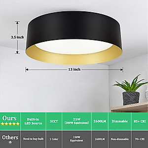 Flush Mount Ceiling Lights, 25W LED Ceiling Light Fixtures 300W Equivalent 2600LM 5CCT Adjustable Modern Black and Gold Flush Mount Light Fixture Dimmable Ceiling Lamps for Bathroom Hallway Bedroom