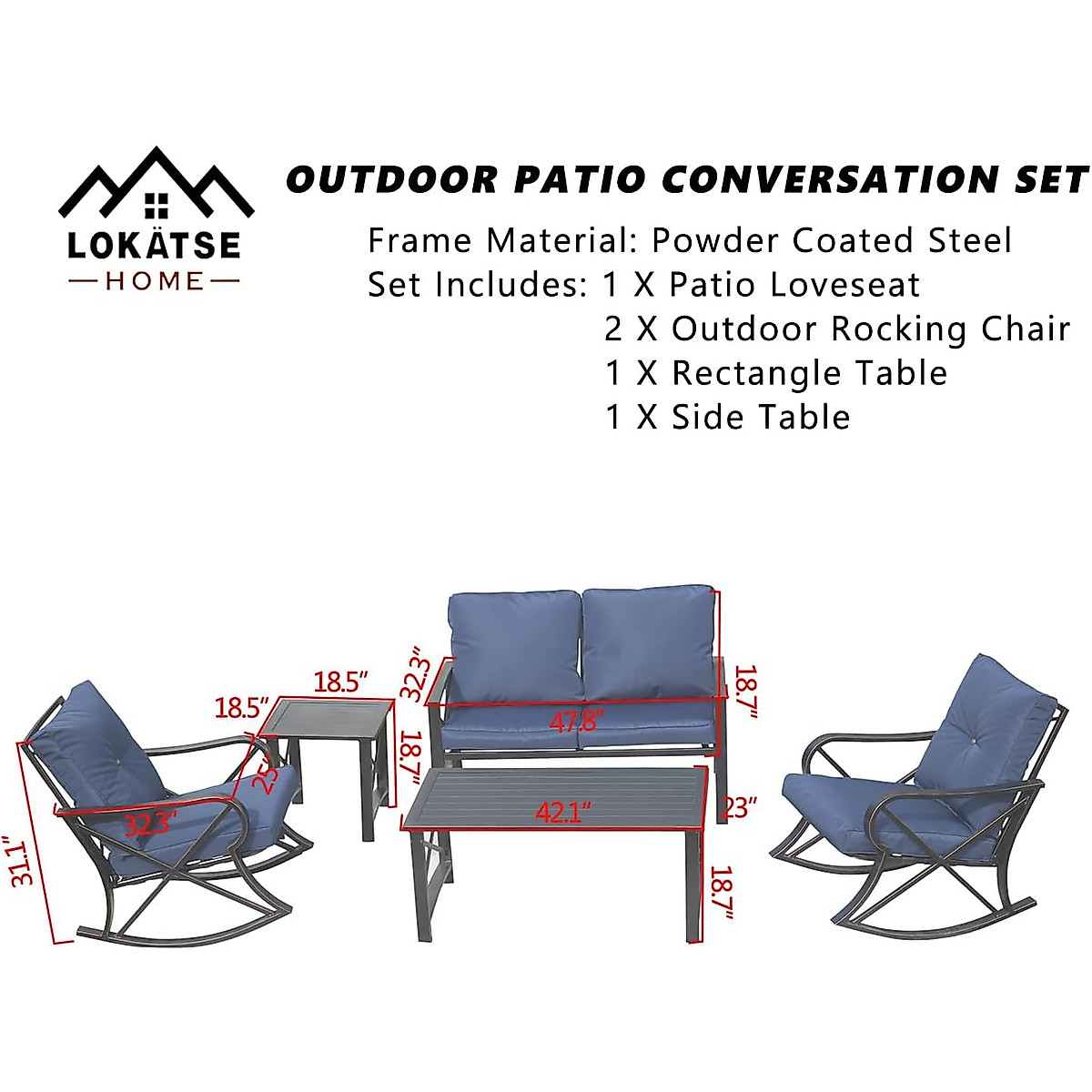 LOKATSE HOME 5 Pieces Patio Conversation Set Outdoor Metal Furniture Padded Deep Seating with Loveseat, 2 Rocking Chairs and 2 Coffee Table, Blue