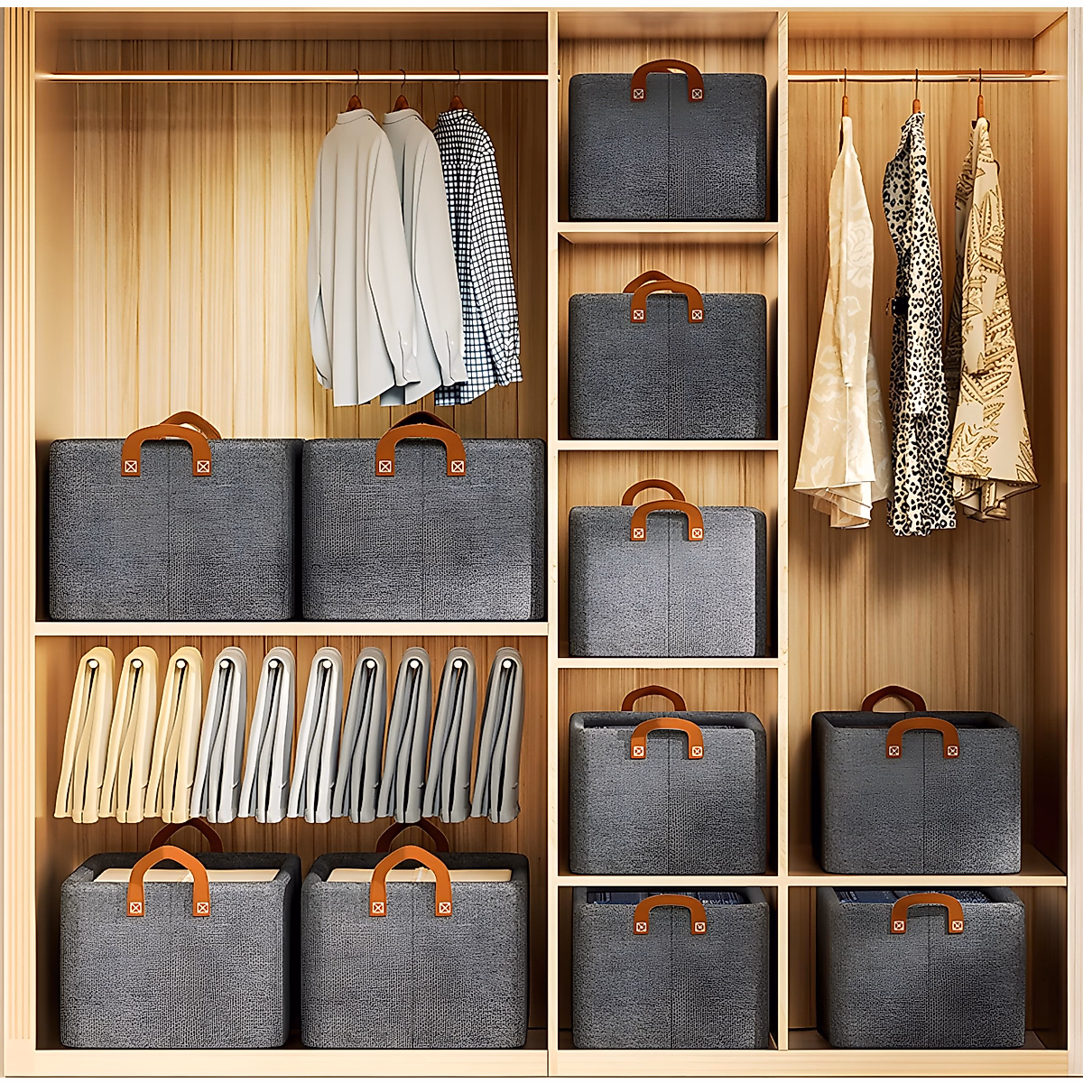 Generic 4 Pack 26L Universal Size Clothes Storage Basket, Fabric Storage Box with Metal Frame, Clothes & Fabric Orgainzer Bins, Closet Clothes Wardrobe Storage Box, Shelf Storage Box (2-Gray 2-Beige)