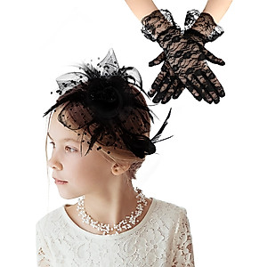 Sintege Fascinators Hat for Girl Tea Party Lace Gloves Black Cocktail Veil Mesh Feathers Hair Clip for Kids Halloween (Cute Style)