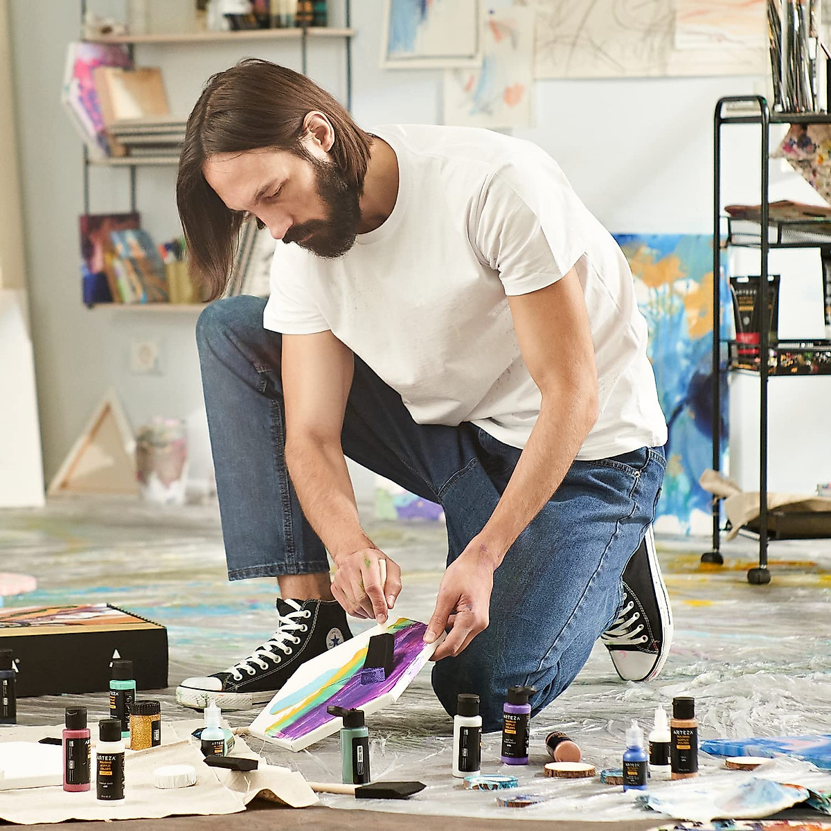 Arteza Acrylic Pouring Paint Kit, 36 Pieces, Bright and Iridescent Pouring Paint, Pearlized Paint, 3D Fabric Paint, Chunky Glitter, Wood Slices, Canvases, and Foam Brushes, Art Supplies for Painters