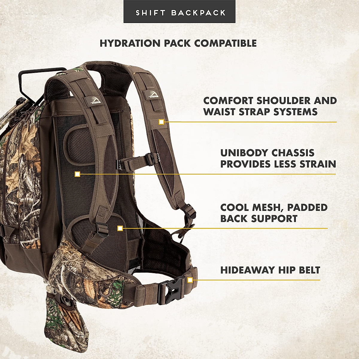 Insights Hunting by frogg toggs- The Shift, Heavy Duty Outdoor Hiking Fishing Hunting Backpack with TS3 Gear System for Crossbow & Rifle- Realtree Edge