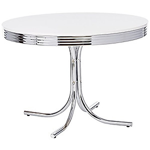 Coaster Home Furnishings Retro 1950s Soda Fountain Diner Round Dining Room Table White Laminate Top Sturdy Steel Chrome Base 2388
