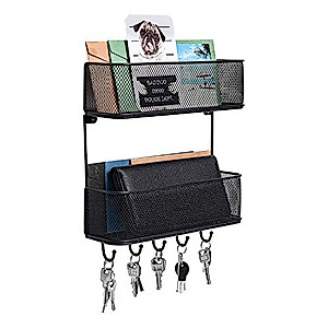 PAG Wall Mount Mail Organizer Double Basket Hanging Letter Sorter with 5 Key Hooks for Entryway/Kitchen/Mudroom/Home/Office, Black