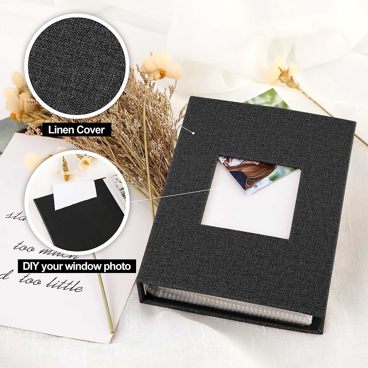 Ywlake Photo Album 4x6 100 Pockets 2 Packs, Small Mini Capacity Linen Photo Album Bulk Sets, Each Pack Holds 100 Top Loader Vertical Only Picture for Kids Boy Girls Black