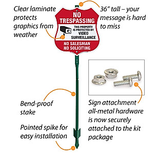 SmartSign 12 x 11.5 inch “No Trespassing - Property Protected By Video Surveillance, No Soliciting” Yard Sign with 3 foot Stake, 40 mil Laminated Rustproof Aluminum, Red, Black and White, Set of 1