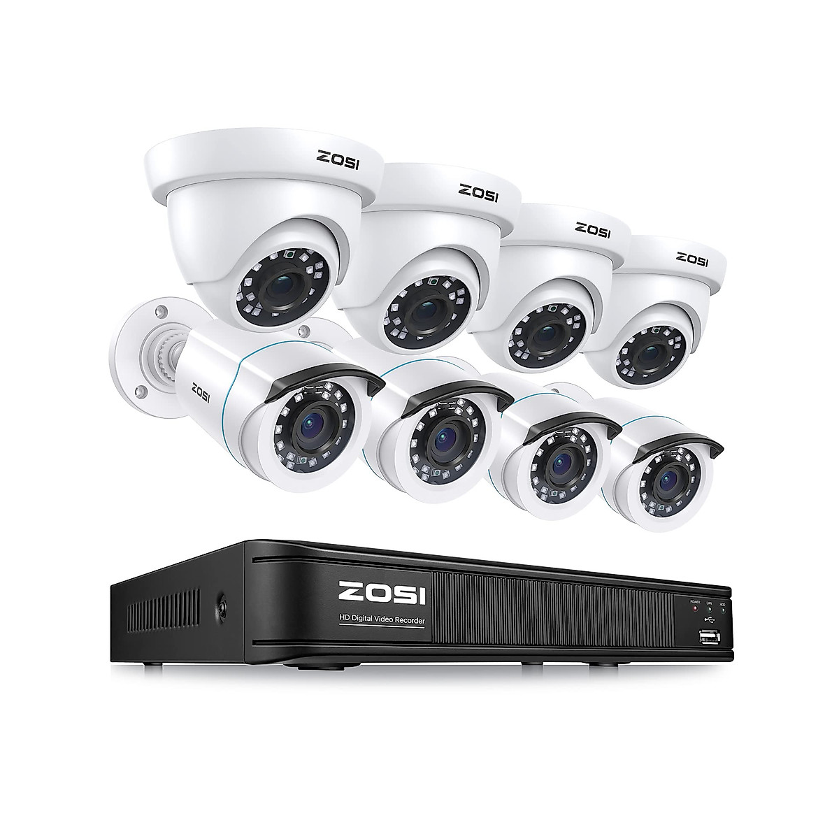 ZOSI H.265+ 1080p Home Security Camera System Indoor Outdoor, 5MP Lite CCTV DVR 8 Channel and 8 x 1080p Weatherproof Surveillance Bullet Dome Camera, Remote Access, Motion Detection (No Hard Drive)