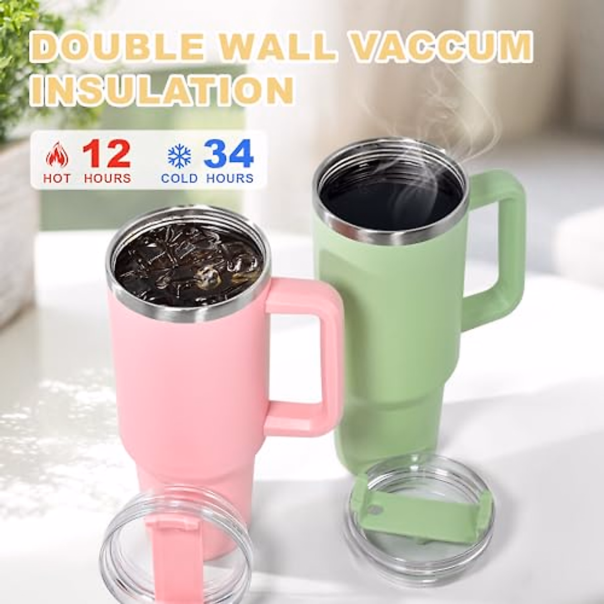 FECBK 40 oz Tumbler with Handle and Straw, 100% Leak-Proof Travel Mug, Stainless Steel Double Wall Vacuum Insulated Coffee Cup Keeps Cold For 34 Hours, Dishwasher Safe, Beige