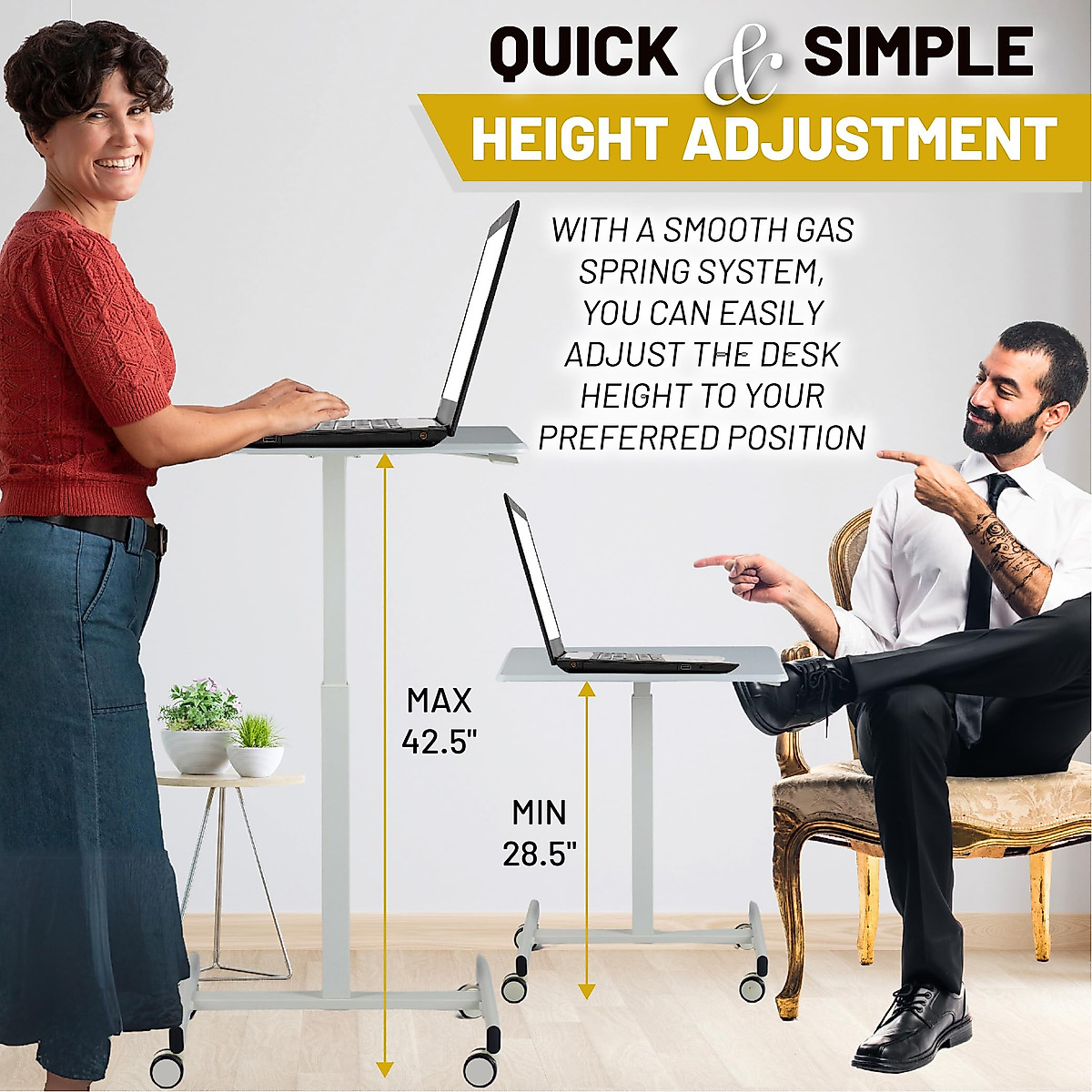 NEWBULIG Mobile Laptop Overbed Table Adjustable Height Small Rolling Sit Stand Desk, Teacher Podium with Wheels, 19" D x 25.7" W, White